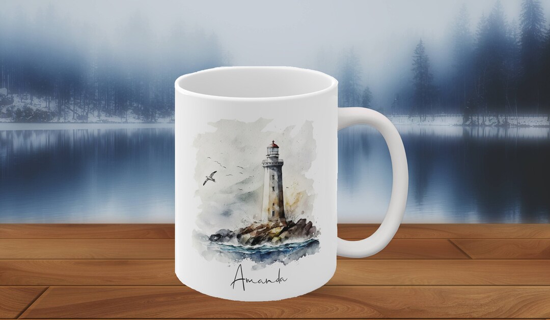 Watercolor Lighthouse Mug, Personalized Name Coffee Mug, Lighthouse ...