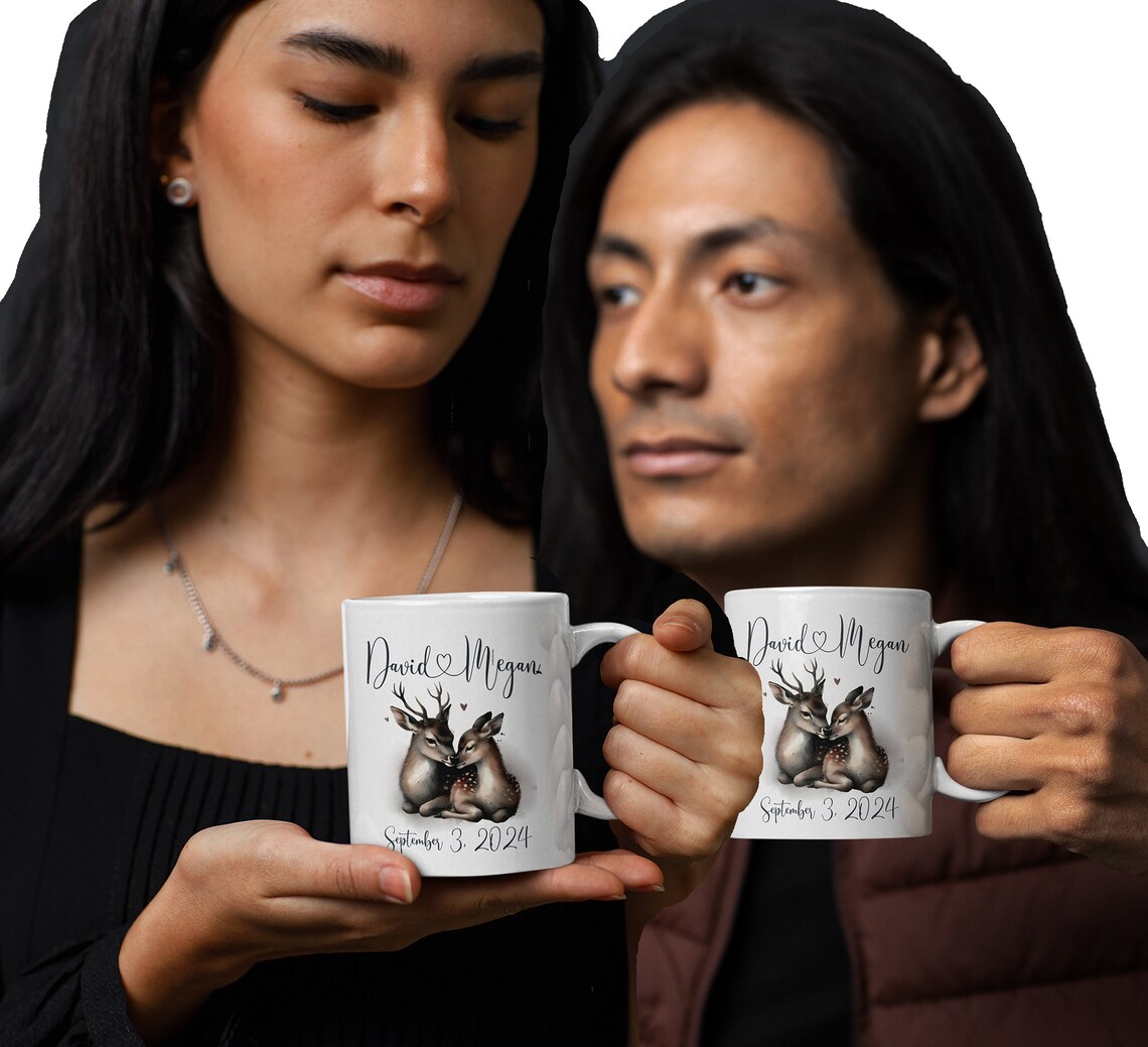 Personalized Buck and Doe Wedding Mug, Cute Watercolor Woodland ...