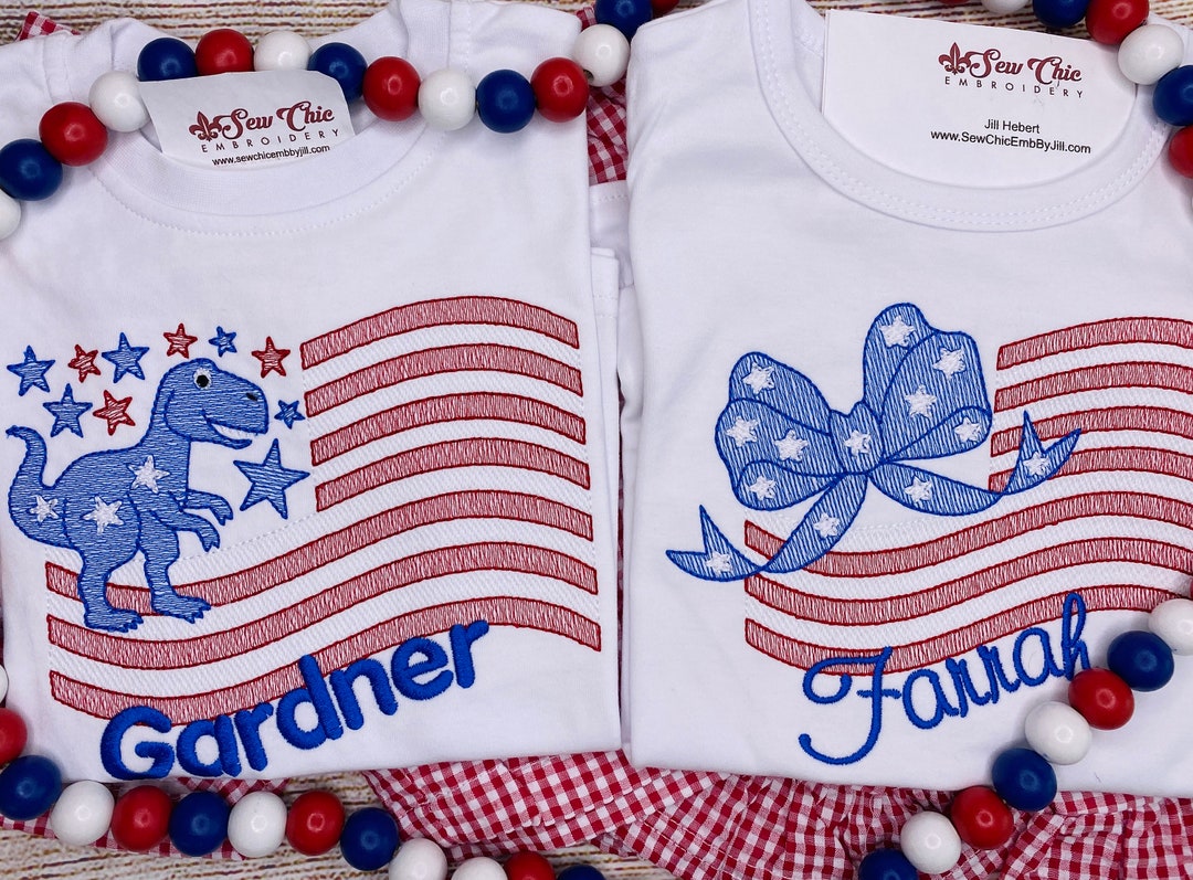Patriotic Girl Boy Sibling Outfits, Dinosaur or Bow Flag, Embroidery - Etsy