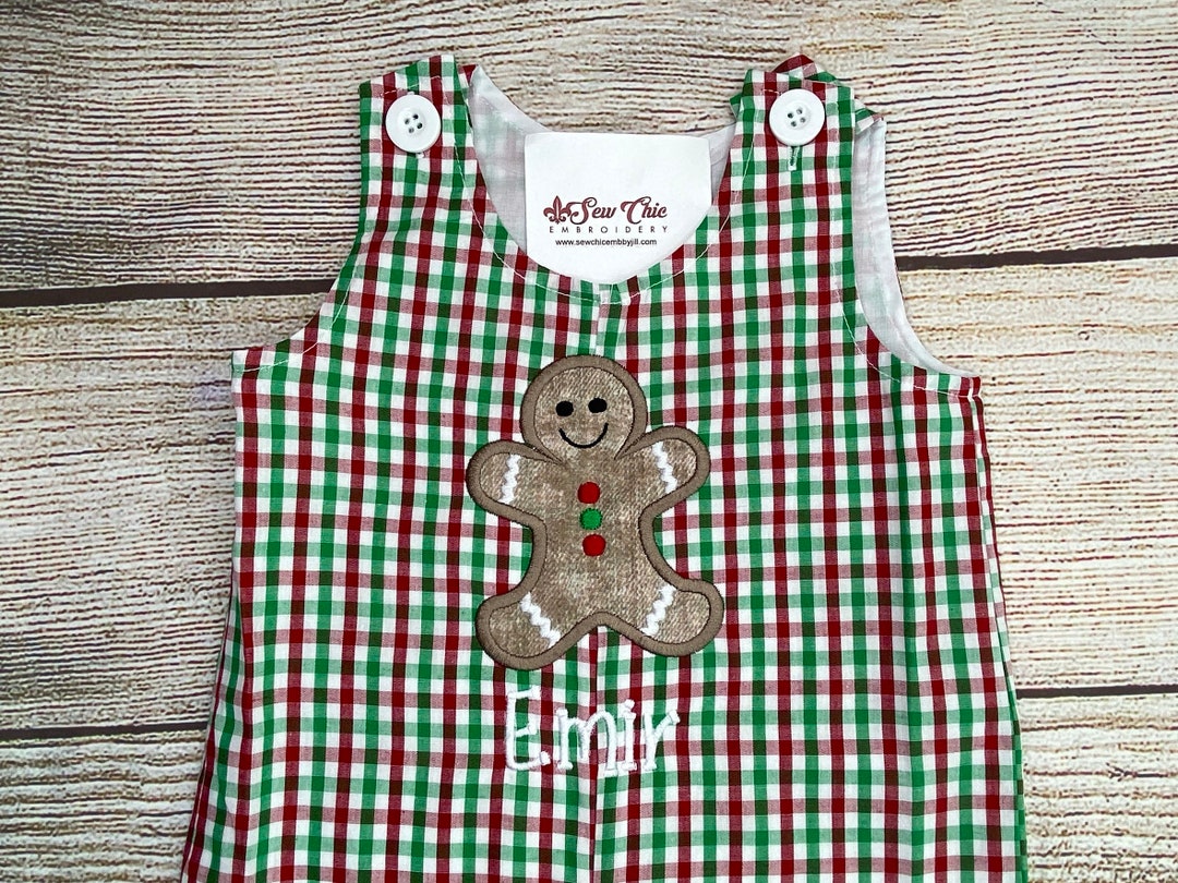 Baby Christmas Gingham Overalls, Embroidered Gingerbread Man Outfit - Etsy