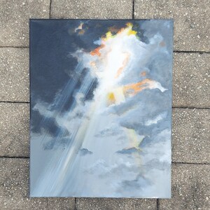 Storm Clouds Night Sky Original Canvas Painting, Fantasy Artwork, Rays ...