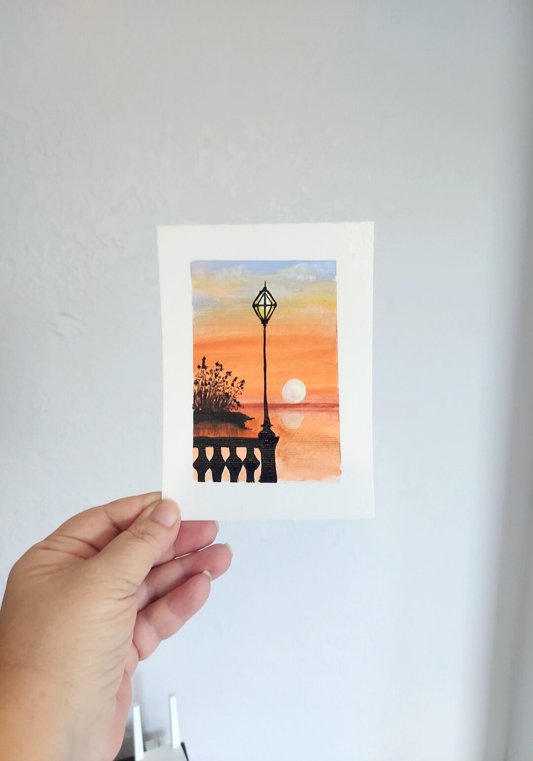 European Painting Scenic Lampost, Small Art on Paper, Sunset Lampost ...