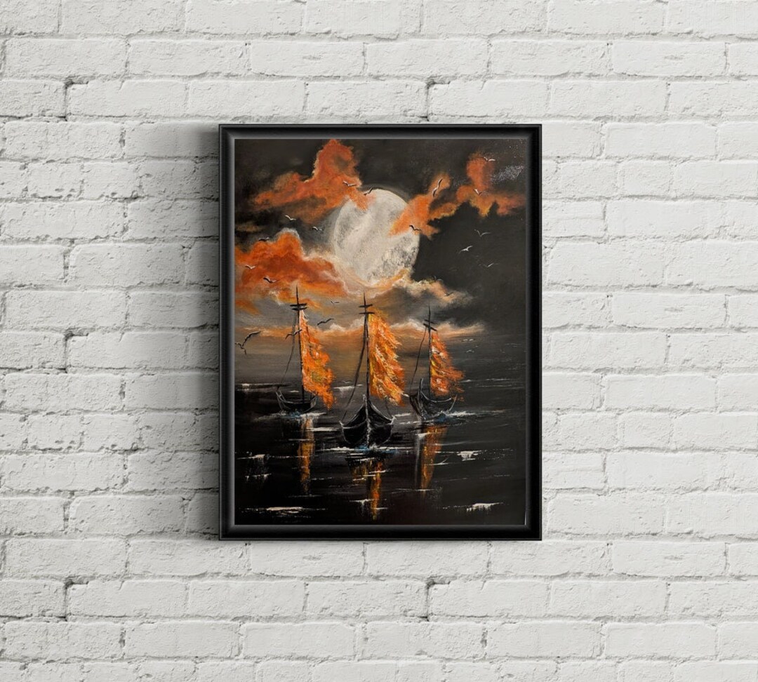 Spooky Boat Painting Dark Ocean Ships, Pirate Ships on Black Sea ...