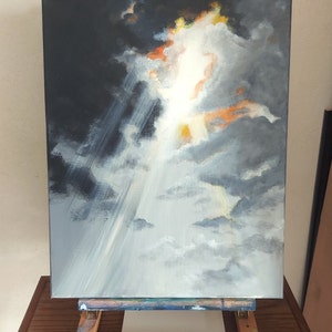 Storm Clouds Night Sky Original Canvas Painting, Fantasy Artwork, Rays ...