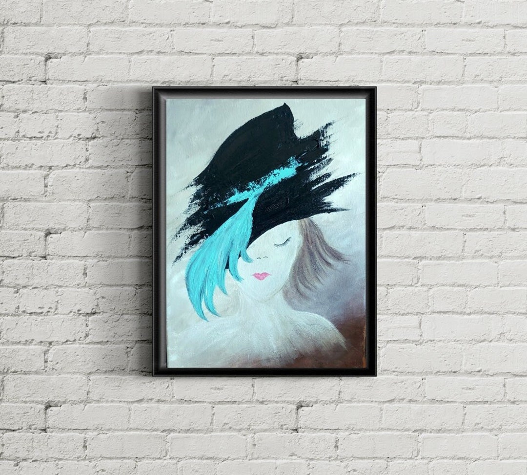 Sassy Hat for Lady Art, Woman in Black Hat Canvas Painting, Fashion Hat ...