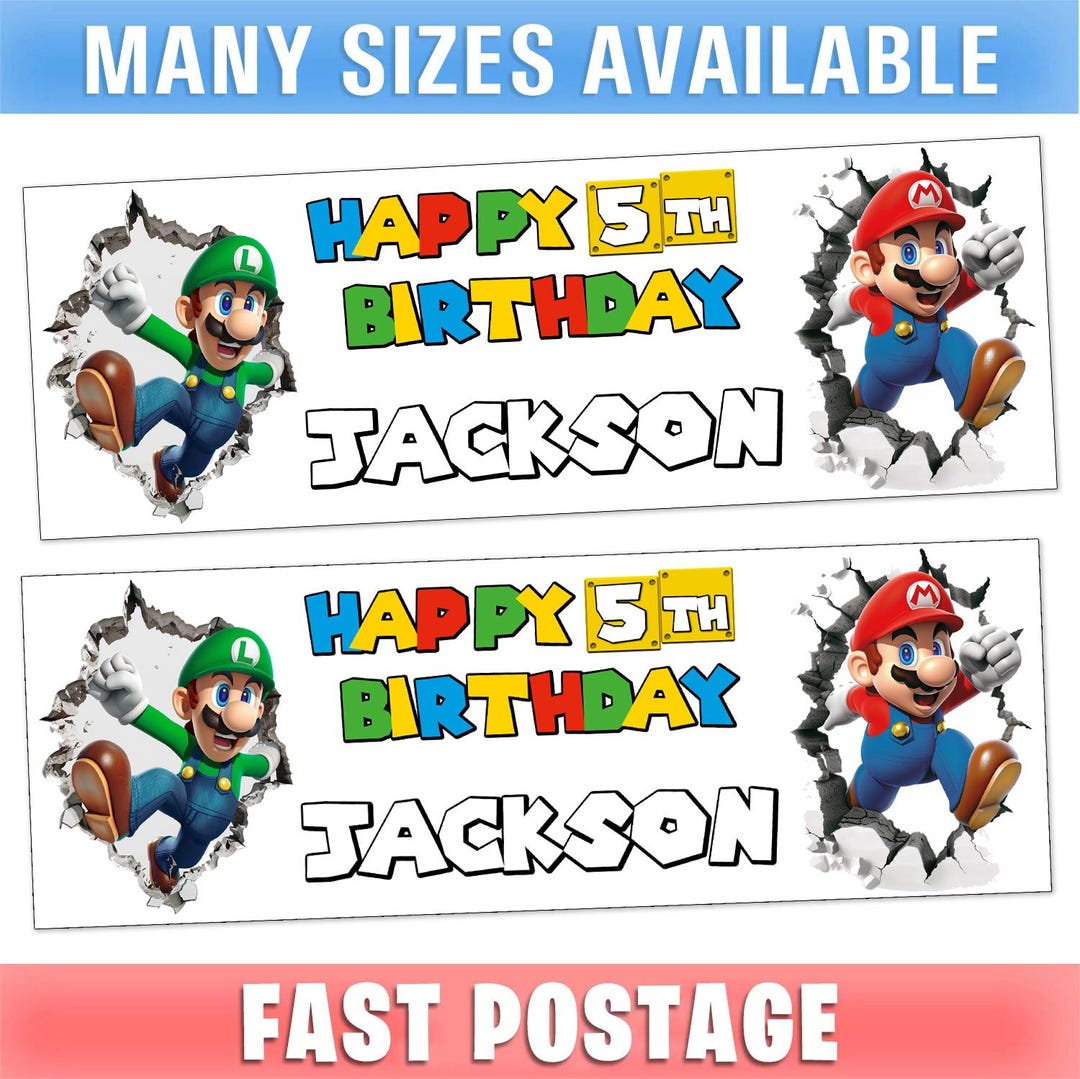 Super Mario & Luigi Cracked Personalised Birthday Party Banner Kids ...