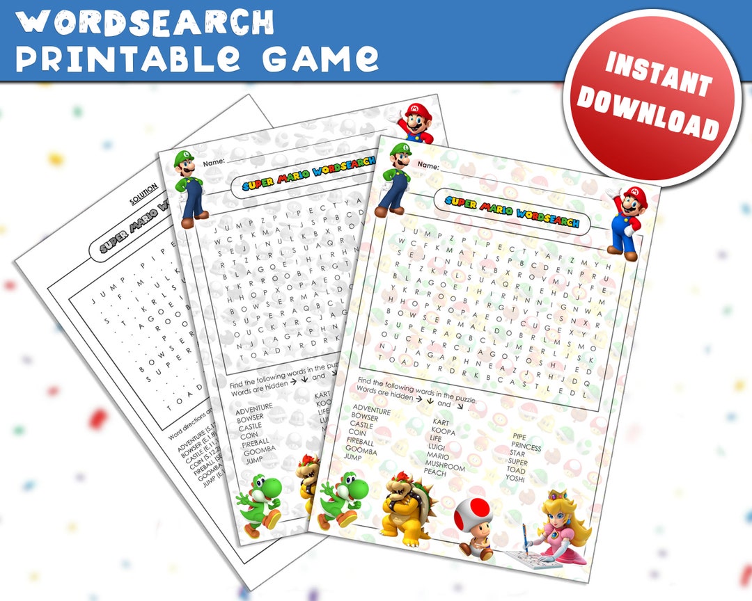 Super Mario Wordsearch Birthday Party Celebration Event Children's Game ...