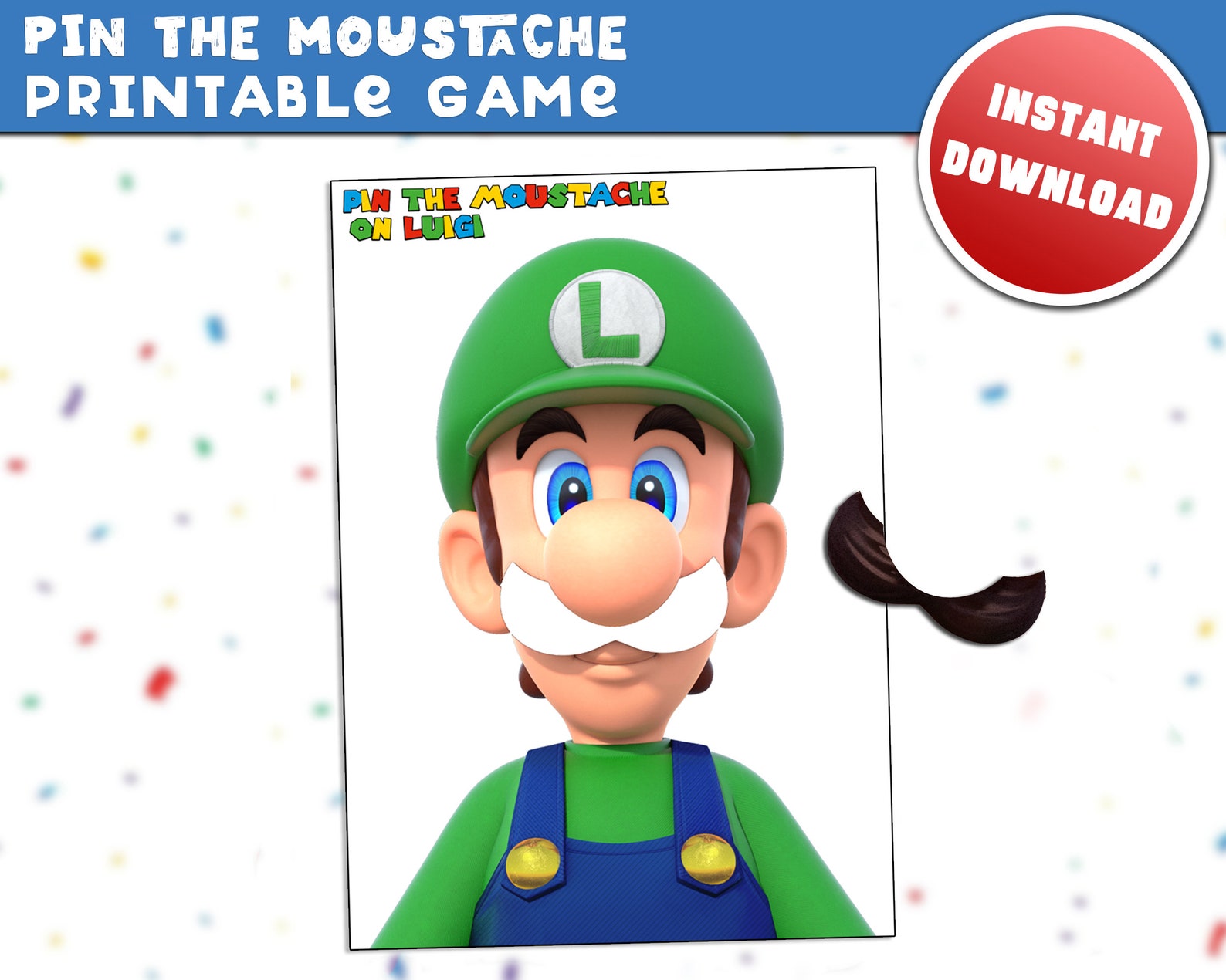 Pin the Moustache on Luigi Game: Birthday Party Printable (digital ...