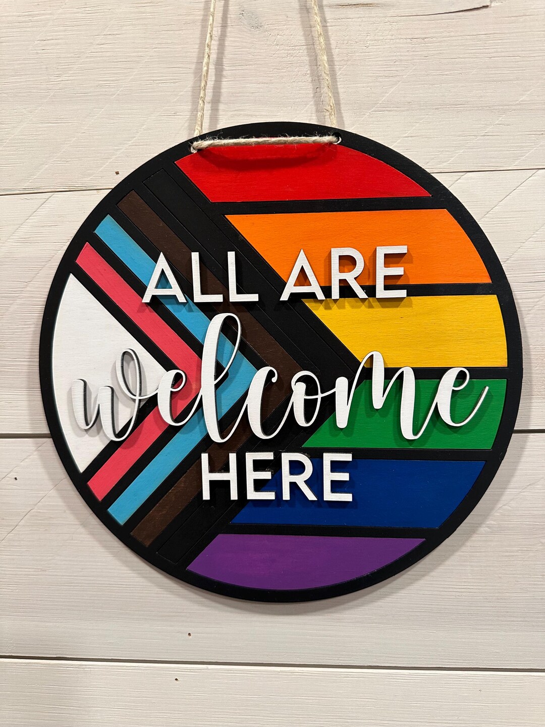 11.5" All Are Welcome Progress Pride Hanging Sign | Pride Home Decor - Etsy