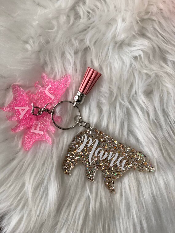Mama bear keychain and PINK cubs mom keychain glittery | Etsy