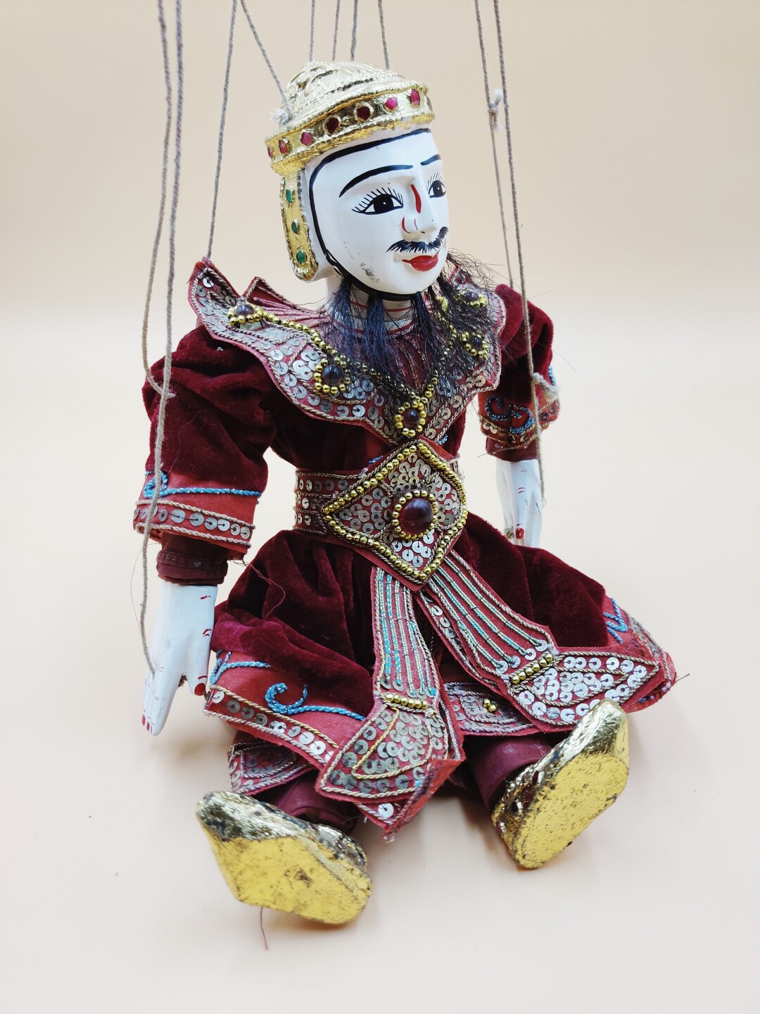 BURMESE STRING MARIONETTE Vintage Gilt Beard Puppet Rich Velvet Beaded ...