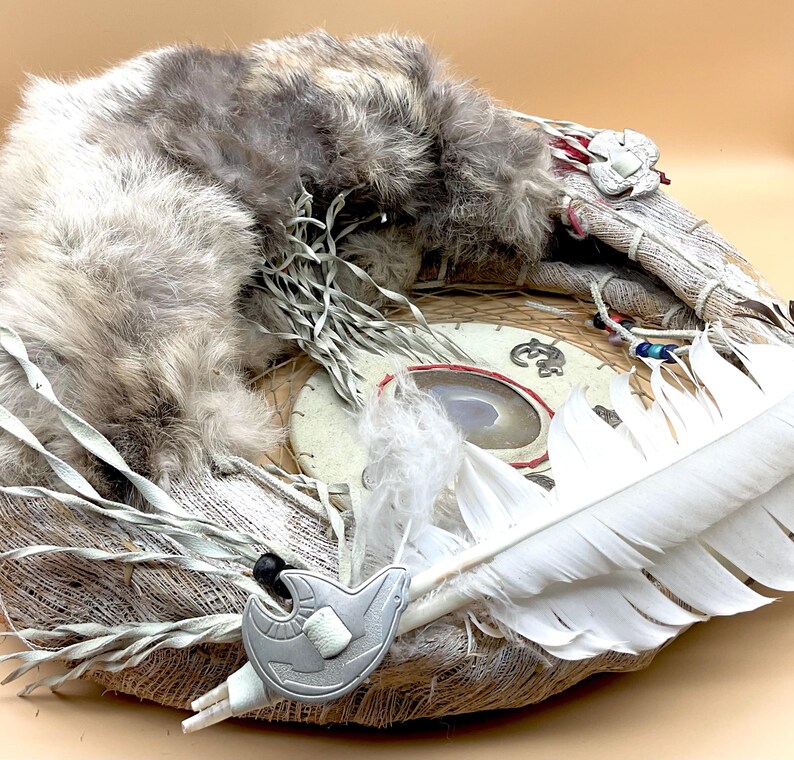 VINTAGE DREAM CATCHER Leather Rabbit Fur Conchos Feathers and Tree ...