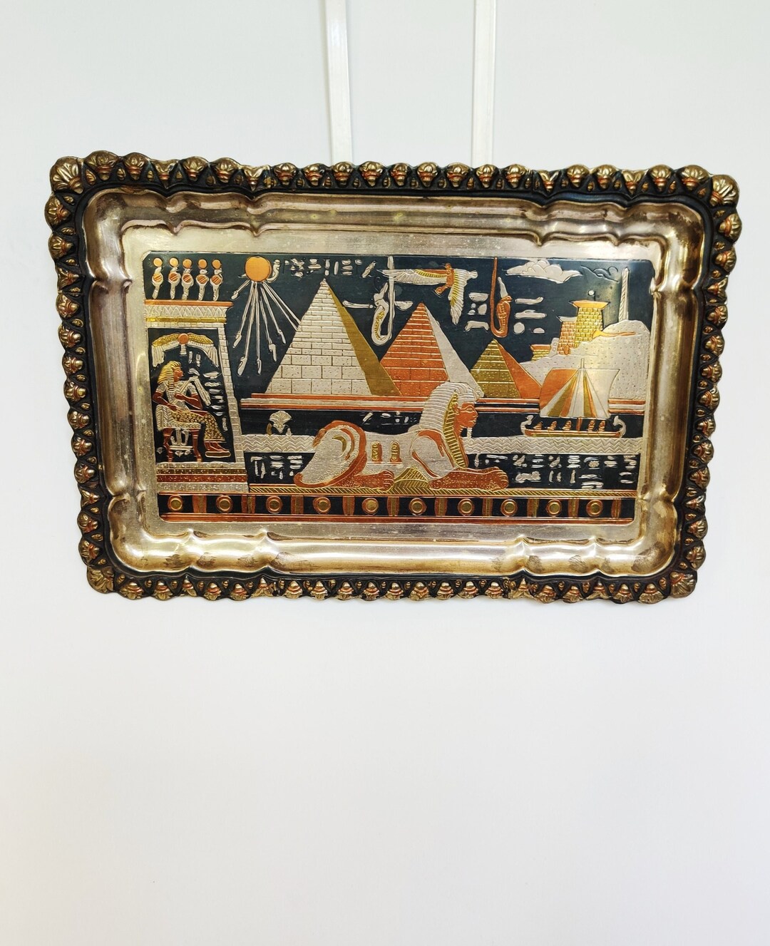 EGYPTIAN WALL PLAQUE/ Tray Vintage Ornately Engraved Hieroglyphic ...