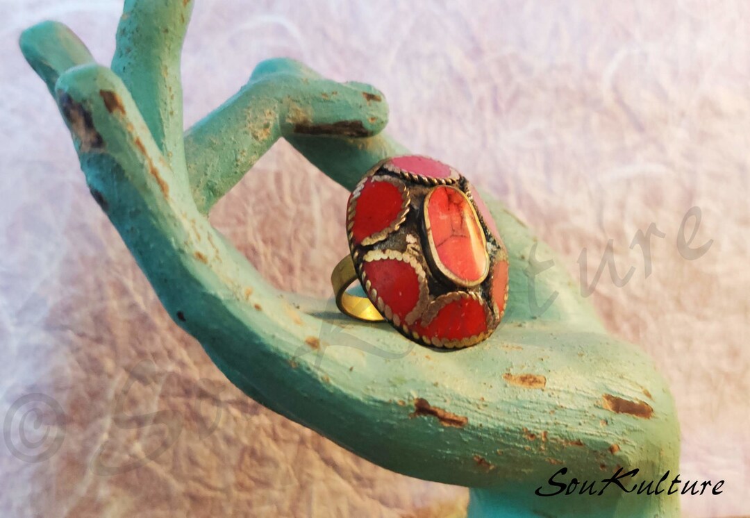 TRIBAL COCKTAIL RING Turtle Shell Shape Red Coral Inlaid Ring Unisex ...