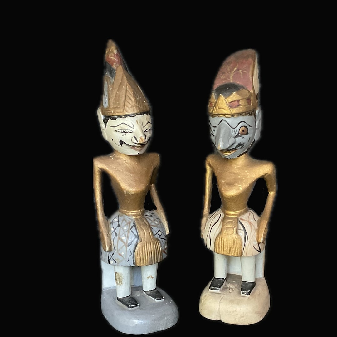 ANTIQUE WAYANG STATUETTES Set of 2 Rare Old Polychrome Wood Carved ...