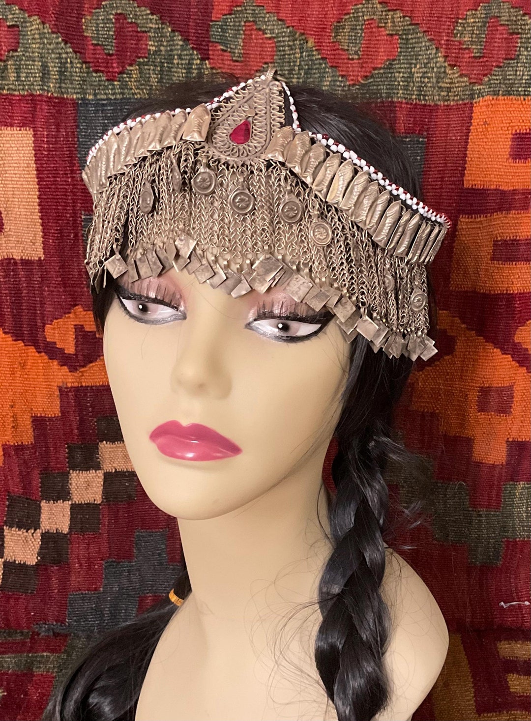 HAZARAGI TRIBAL HEADDRESS Vintage Teardrop Pink Jewel Focal ...