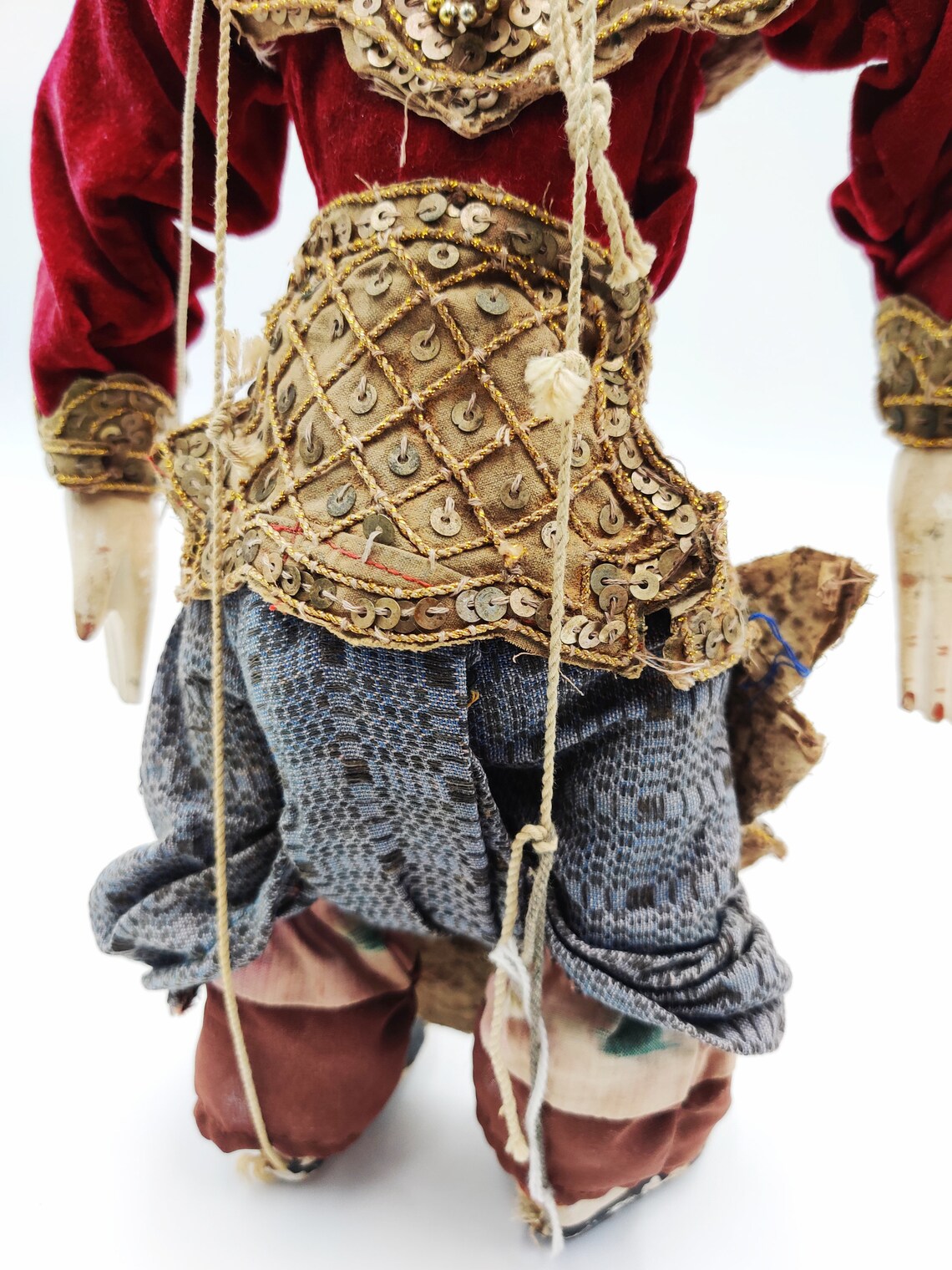 ANTIQUE BURMESE PUPPET Old String Puppet Red Velvet Beaded Sequined ...