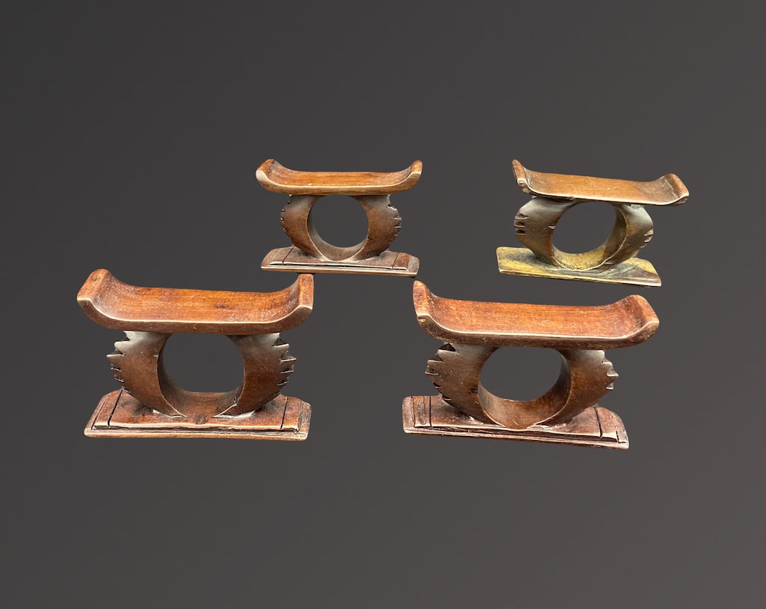 4x AFRICAN NAPKIN RINGS Vintage Miniature Carved Wood African Headrest ...