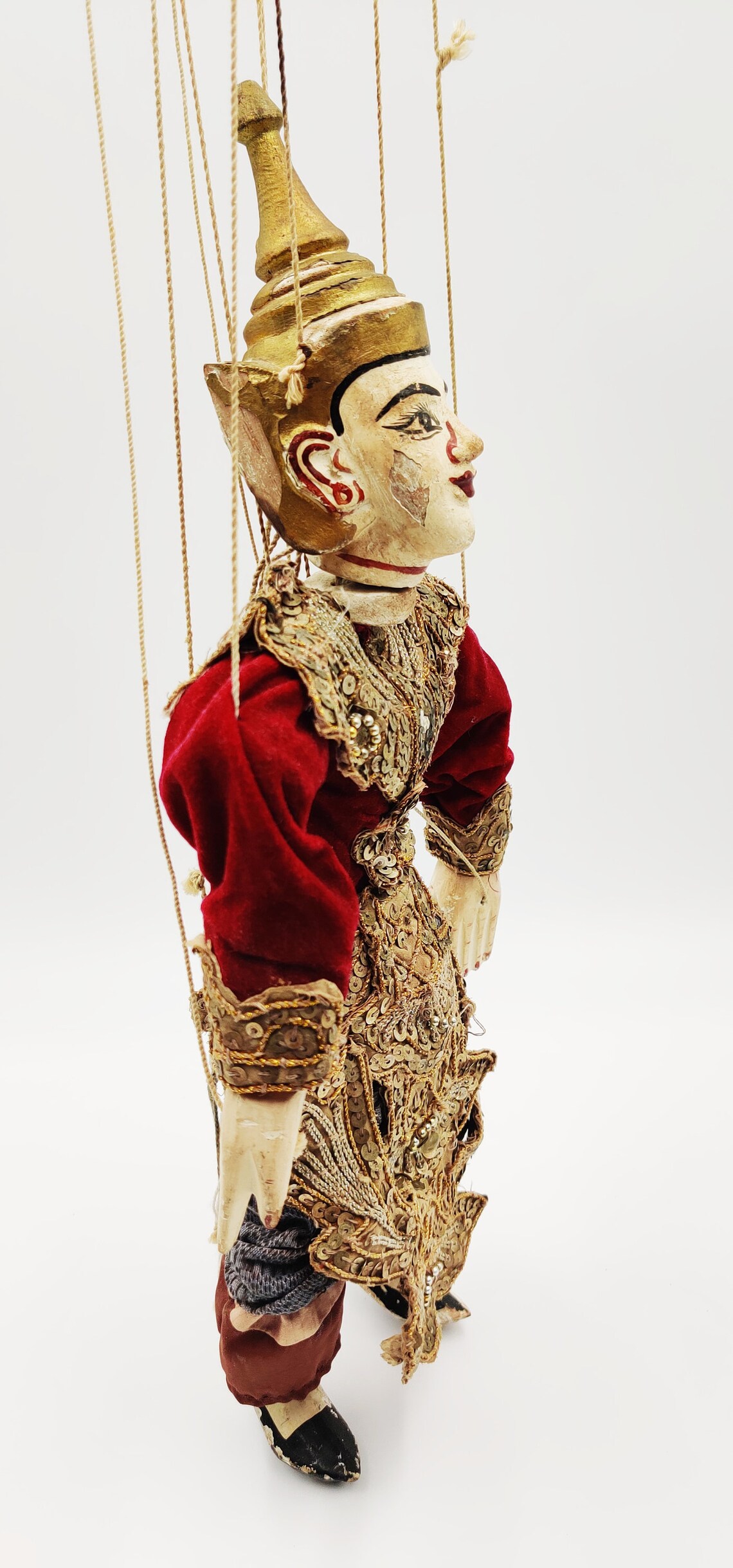 ANTIQUE BURMESE PUPPET Old String Puppet Red Velvet Beaded Sequined ...