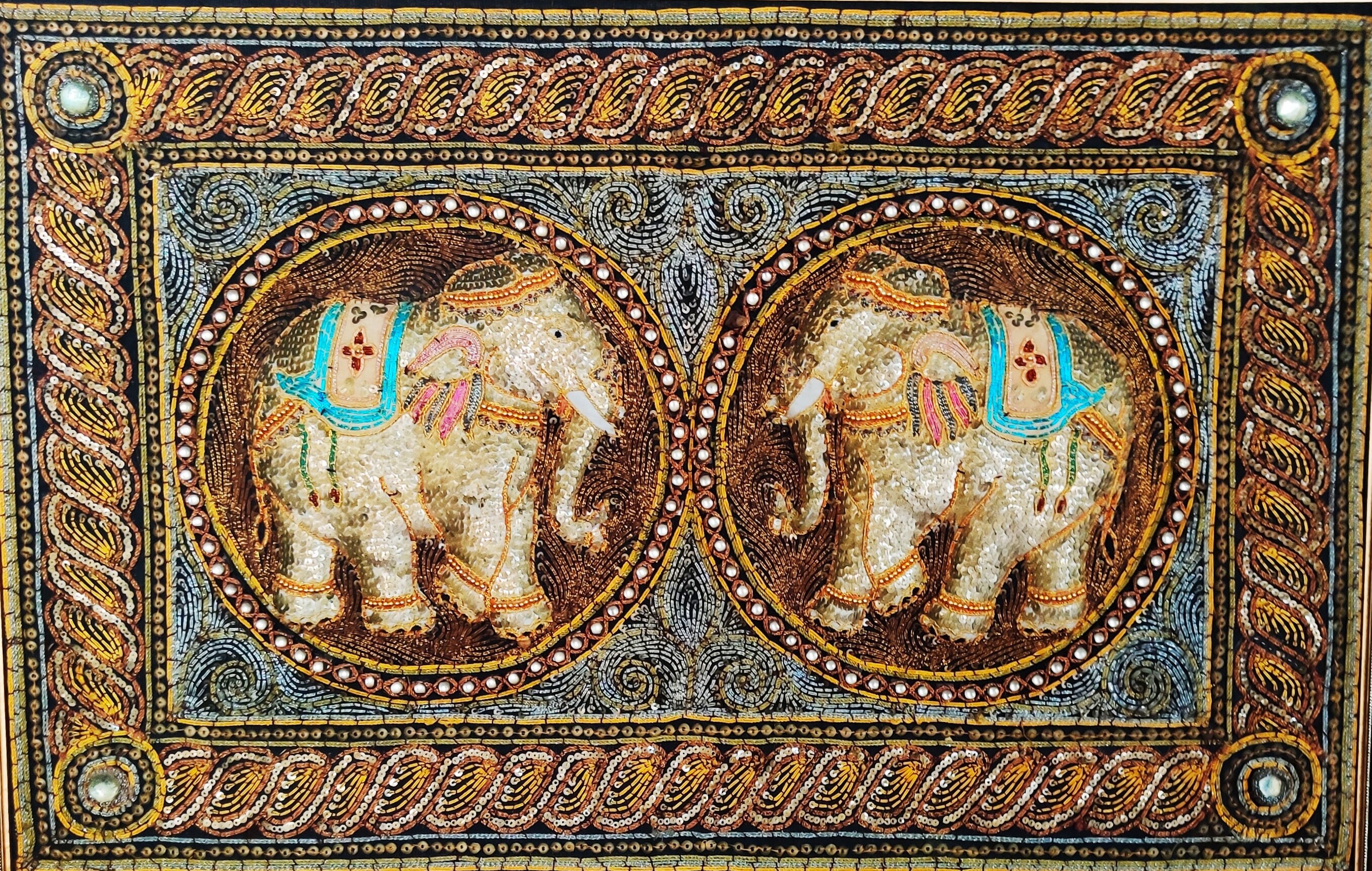 BURMESE ELEPHANT TAPESTRY Antique Mid-century Kalaga Embroidery ...