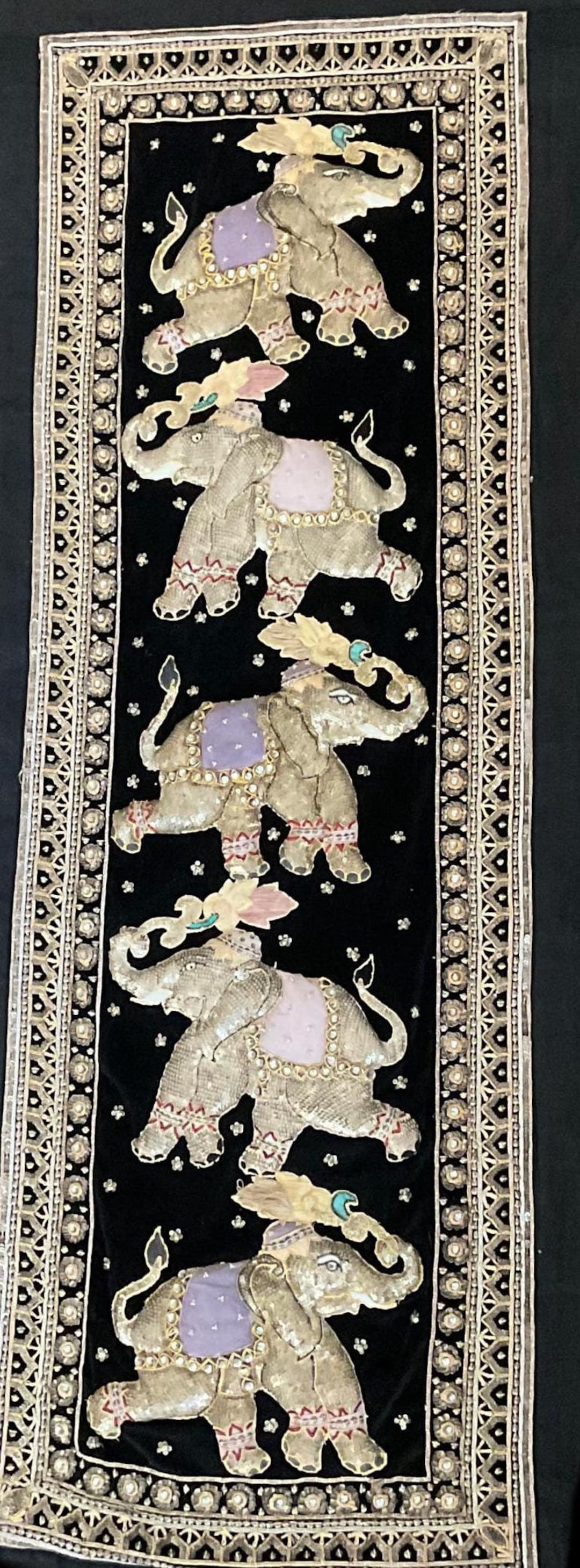 57”x 23” BURMESE ELEPHANT TAPESTRY Antique Mid-century Kalaga ...