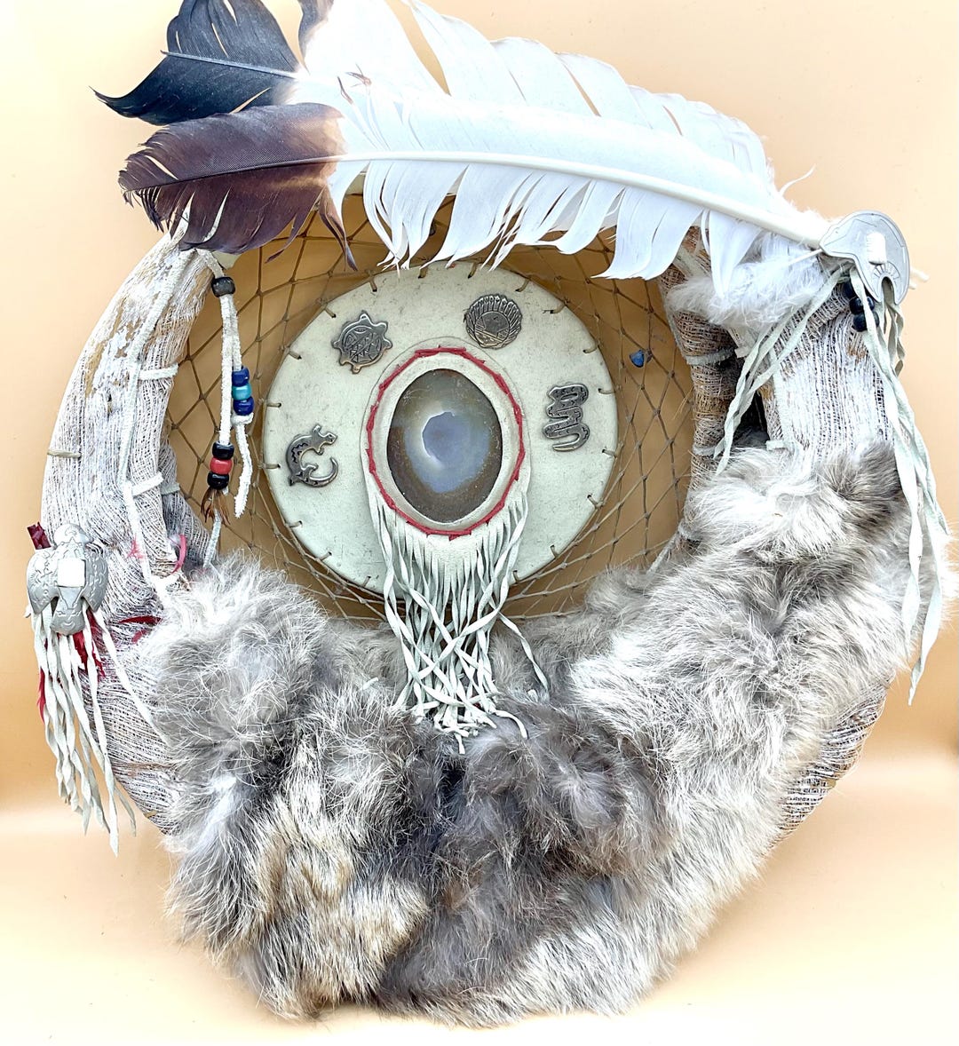 VINTAGE DREAM CATCHER Leather Rabbit Fur Conchos Feathers and Tree ...