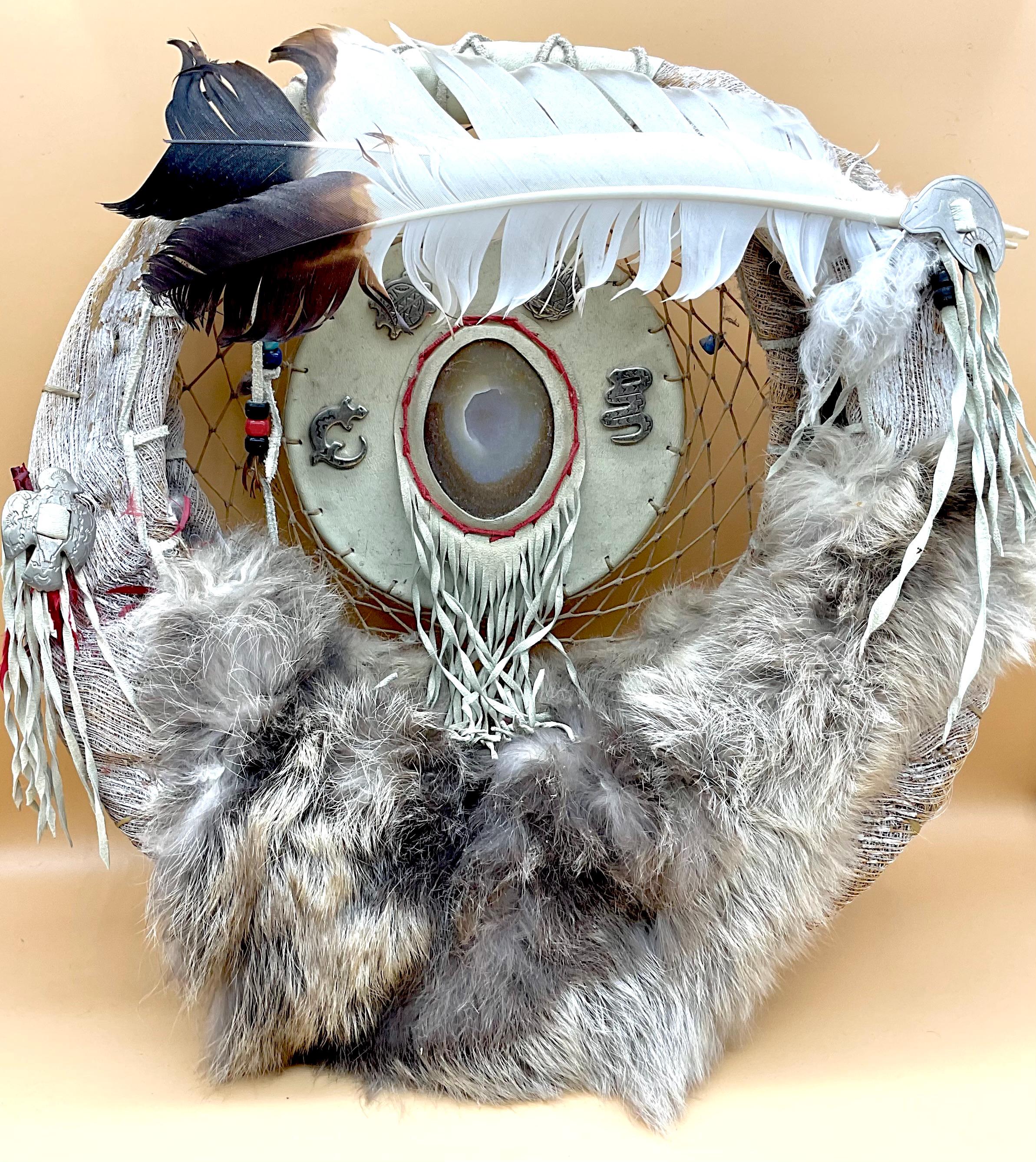 VINTAGE DREAM CATCHER Leather Rabbit Fur Conchos Feathers and Tree ...