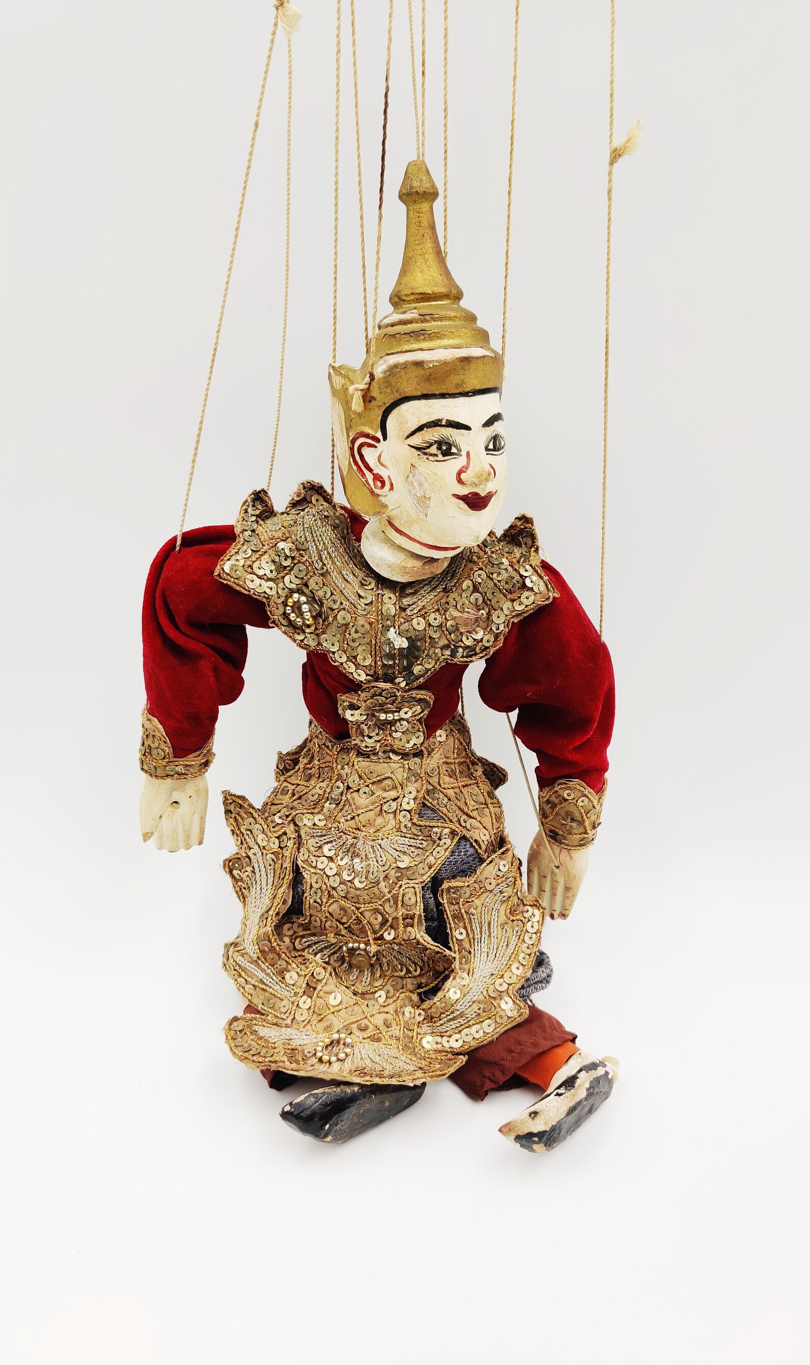 ANTIQUE BURMESE PUPPET Old String Puppet Red Velvet Beaded Sequined ...