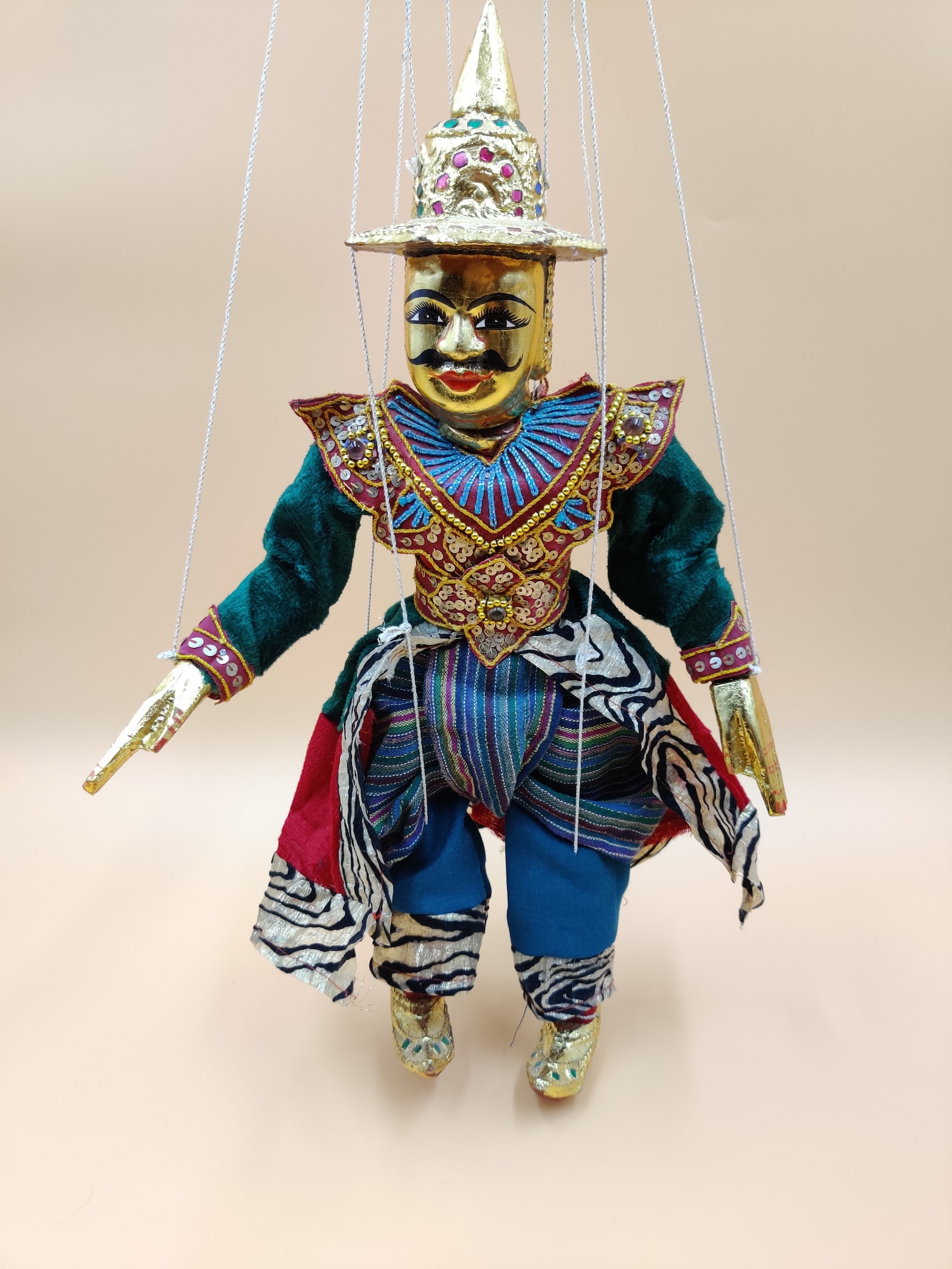 BURMESE STRING MARIONETTE Vintage Gilt Colorful Puppet Velvet Beaded ...
