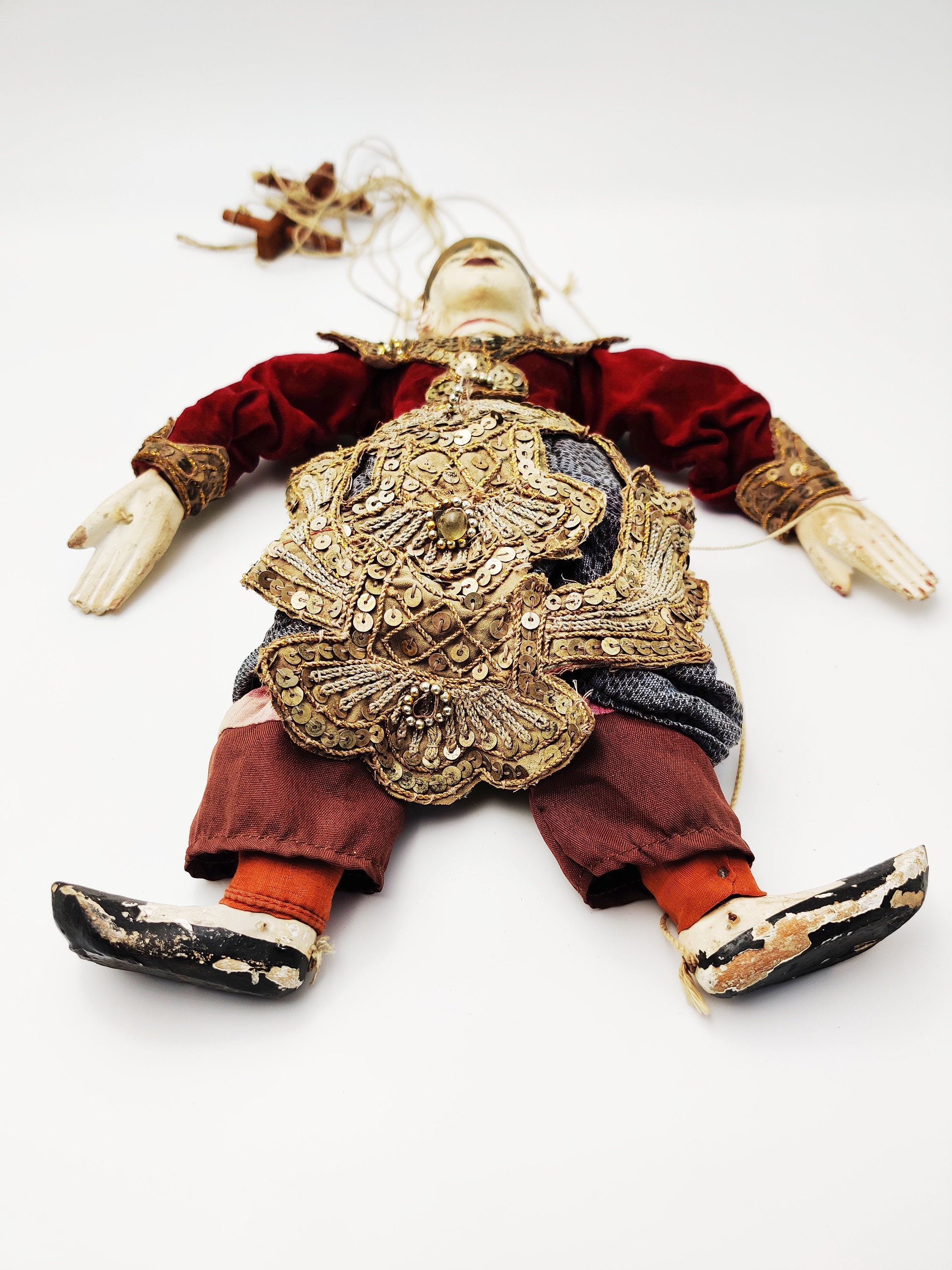 ANTIQUE BURMESE PUPPET Old String Puppet Red Velvet Beaded Sequined ...