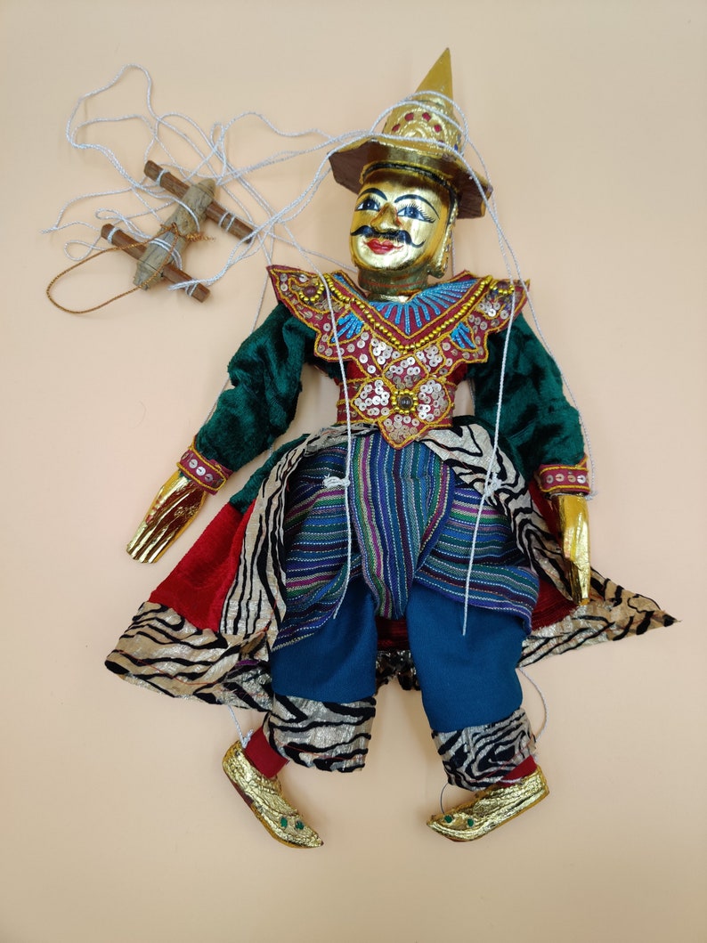 BURMESE STRING MARIONETTE Vintage Gilt Colorful Puppet Velvet Beaded ...