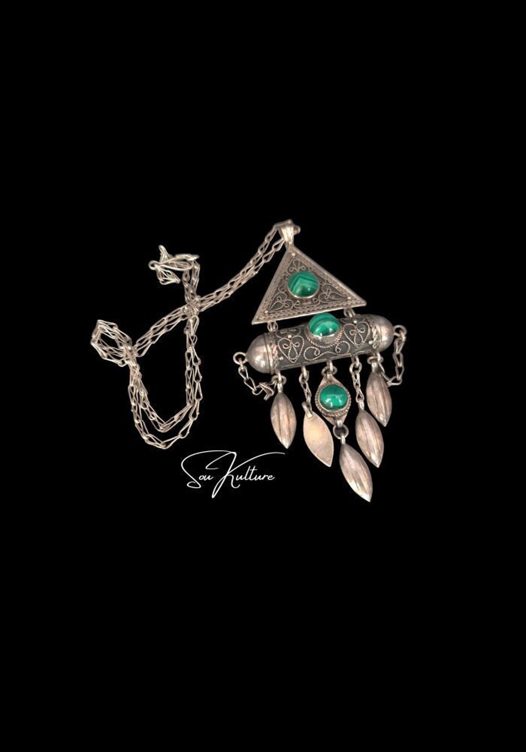 KAZAKH MALACHITE NECKLACE Large Vintage Sterling Silver Tumar Pendant ...