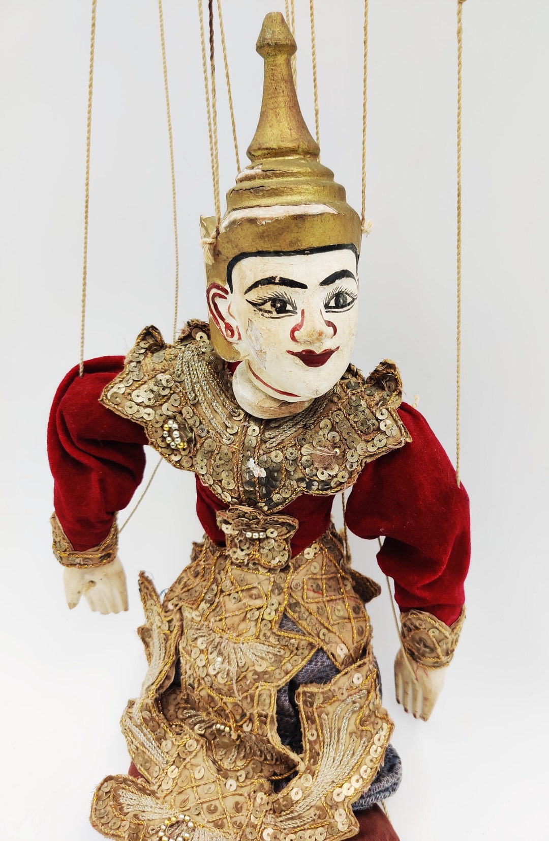 ANTIQUE BURMESE PUPPET Old String Puppet Red Velvet Beaded Sequined ...