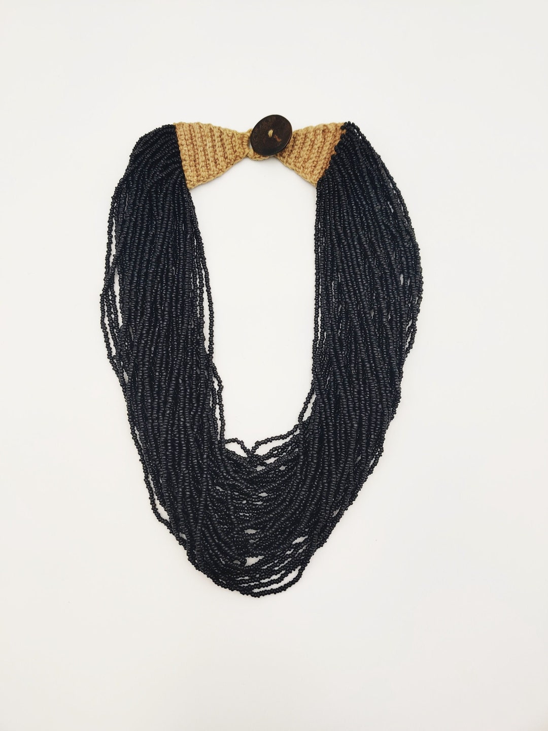 KONYAK NAGA NECKLACE Black Glass Beads Macrame and Bronze Button ...