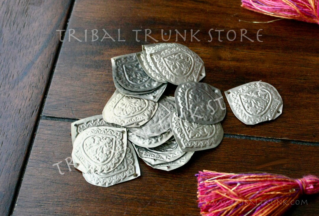 25 HEART TURKMEN AMULETS Embossed Flower Motif - Upper & Lower Holes ...