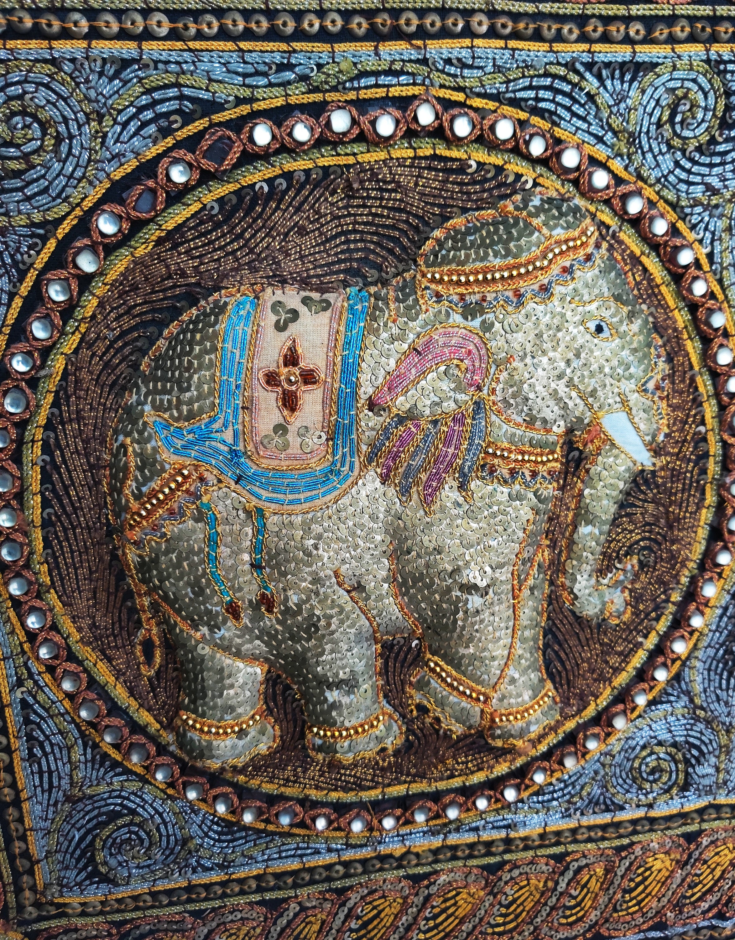 BURMESE ELEPHANT TAPESTRY Antique Mid-century Kalaga Embroidery ...