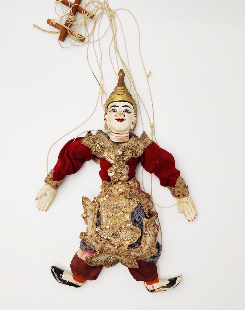ANTIQUE BURMESE PUPPET Old String Puppet Red Velvet Beaded Sequined ...