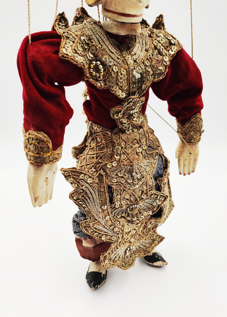 ANTIQUE BURMESE PUPPET Old String Puppet Red Velvet Beaded Sequined ...