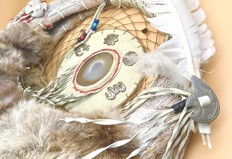 VINTAGE DREAM CATCHER Leather Rabbit Fur Conchos Feathers and Tree ...