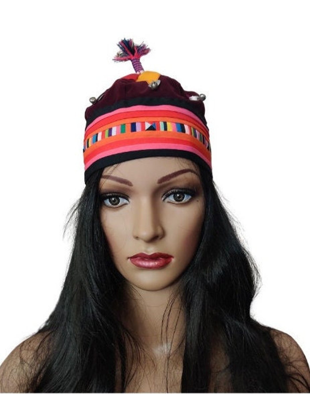 NEPALESE JESTER HAT Handmade Rainbow Fabric Hat/cap With Bells, Tassel ...