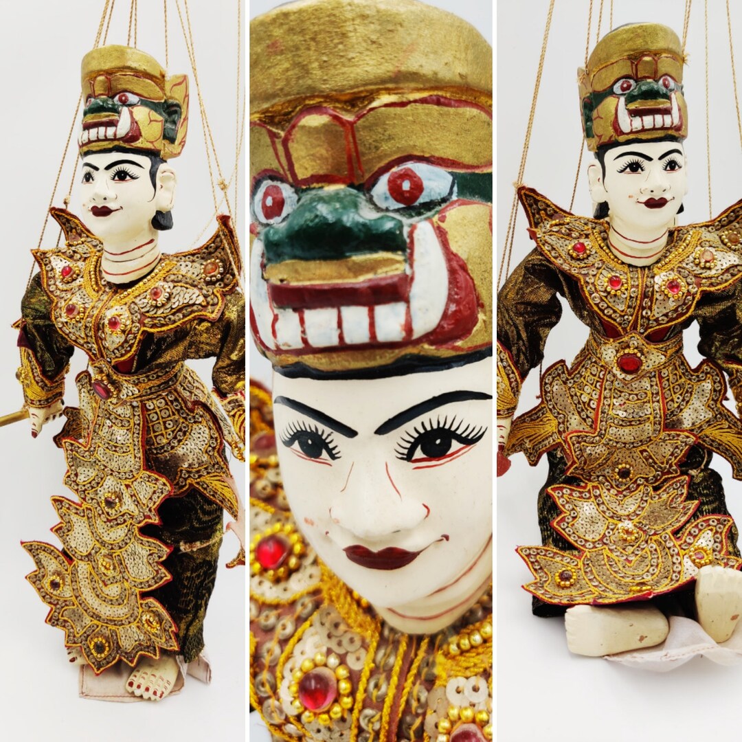 BURMESE HANUMAN MARIONETTE Vintage Gilt Puppet Colorful Beaded Sequined ...