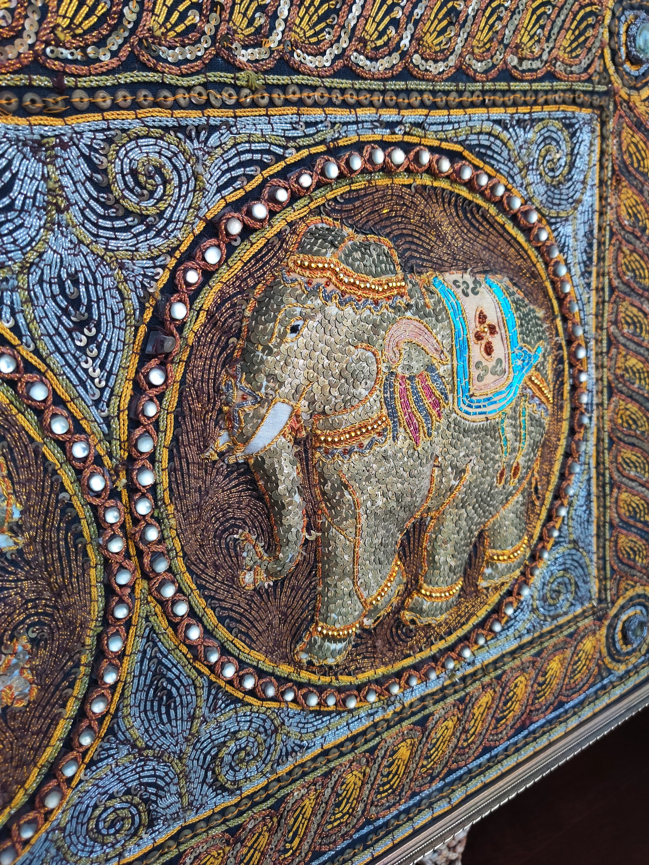 BURMESE ELEPHANT TAPESTRY Antique Mid-century Kalaga Embroidery ...