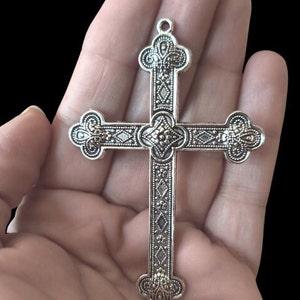 BUDDED CROSS PENDANT Large Silver Tone Cathedral Cross Pendant Ornate ...