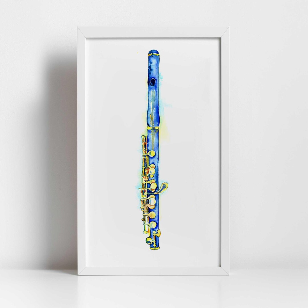 Piccolo Watercolor Print - Blue and Gold Music Room Art (10x20) - Etsy