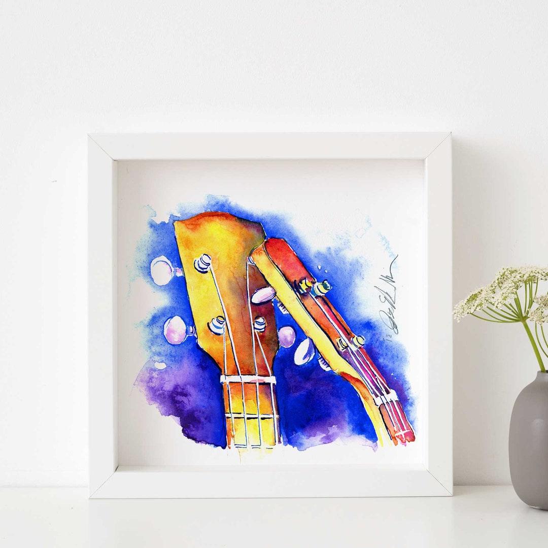 Ukelele Headstock Wall Art Pair of Ukeleles Watercolor, Music Room ...