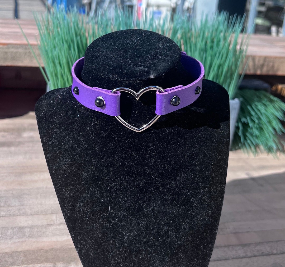 Purple Pet Play Collar - Heart Choker Necklace - Kitten Pet Play Choker ...