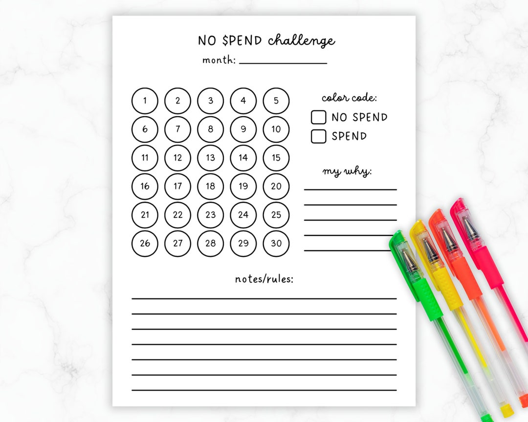 Printable No Spend Challenge - 30 Day No Spending - Savings Challenge ...