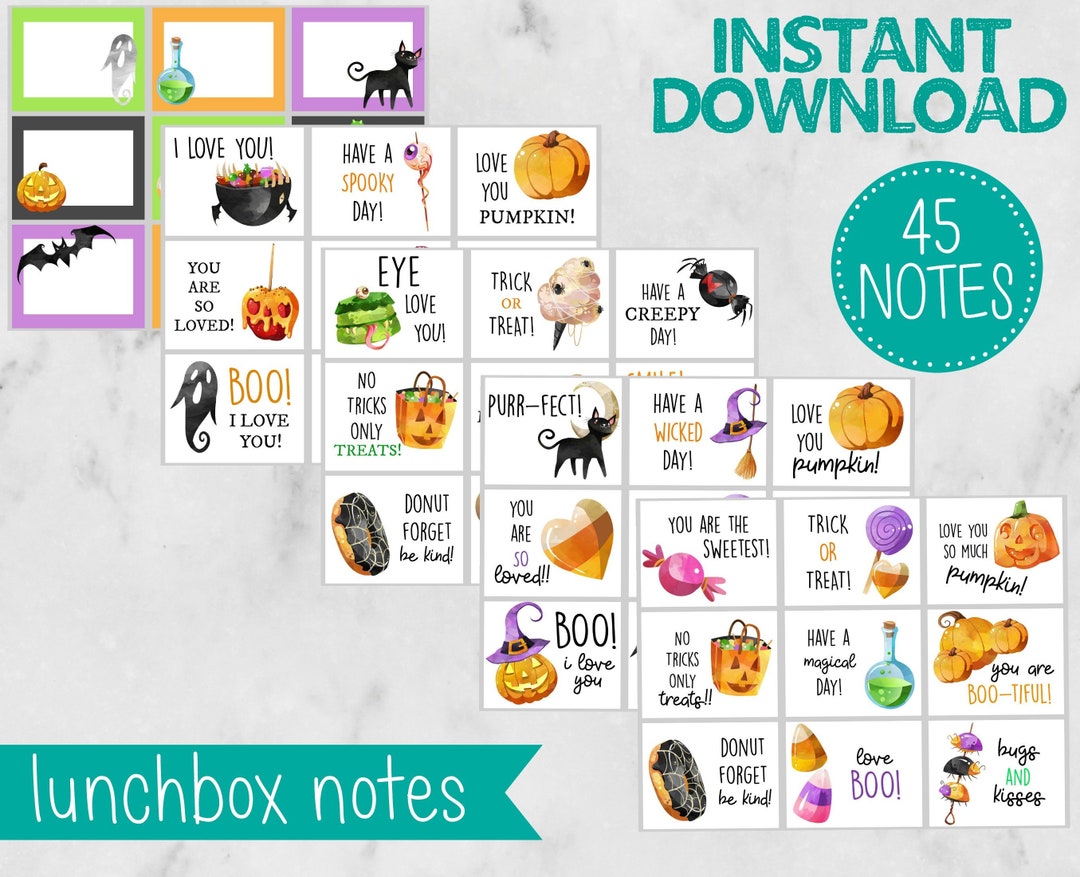 Halloween Lunchbox Notes - 45 Lunch Box Card - Printable Instant ...