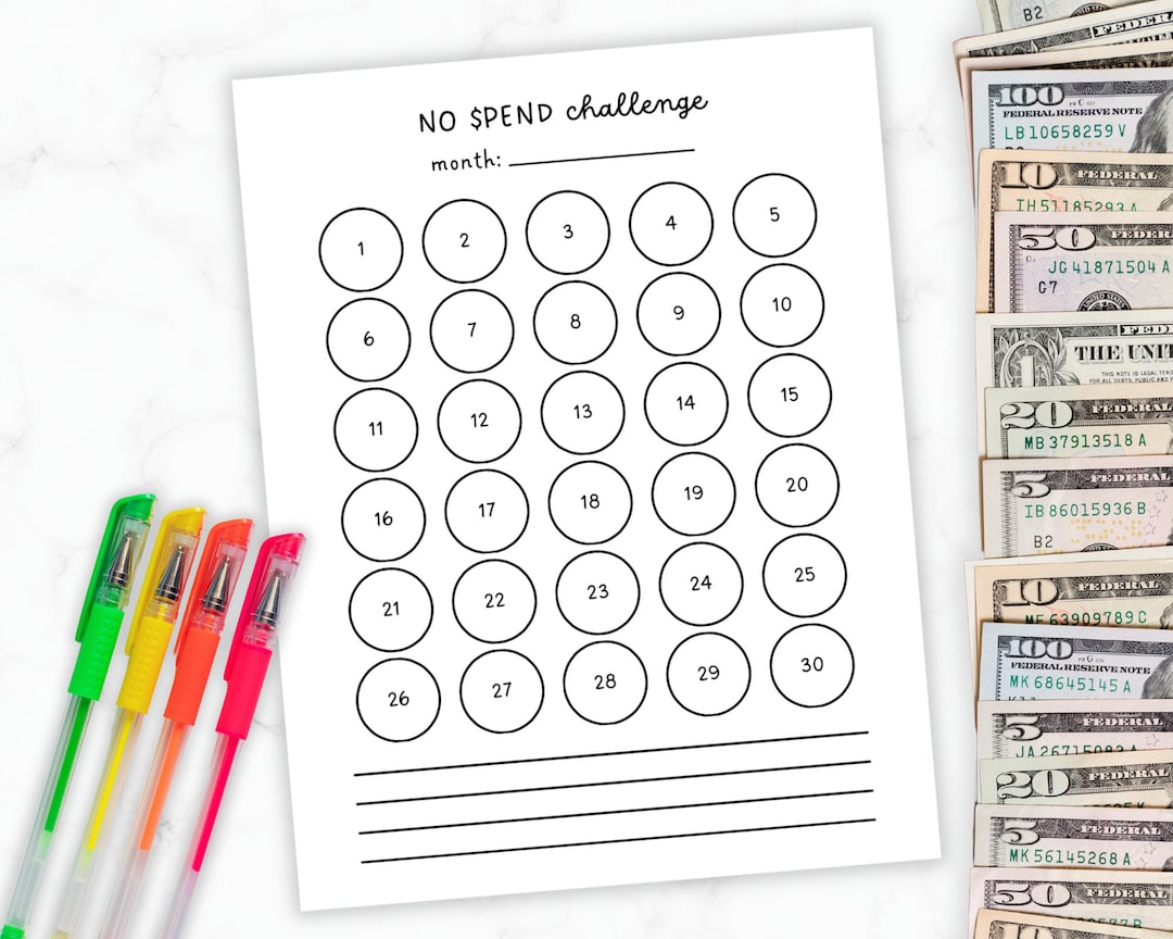 Printable No Spend Challenge - 30 Day No Spending Printable - No Spend ...