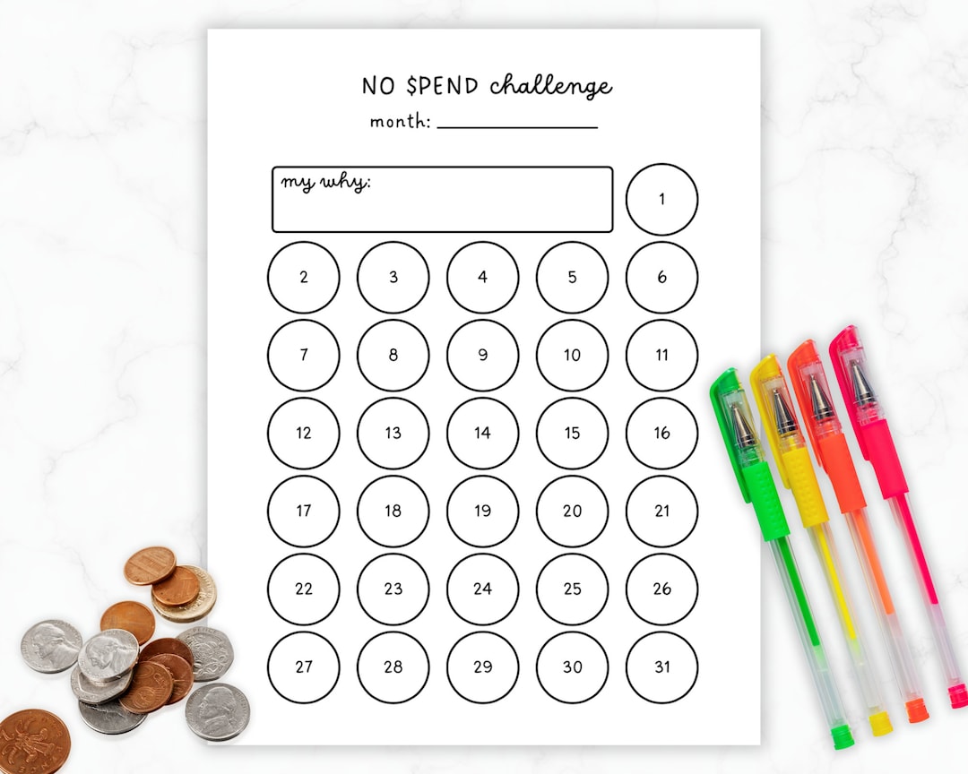 Printable 31 Day No Spending Challenge - No Spend Savings Challenge ...